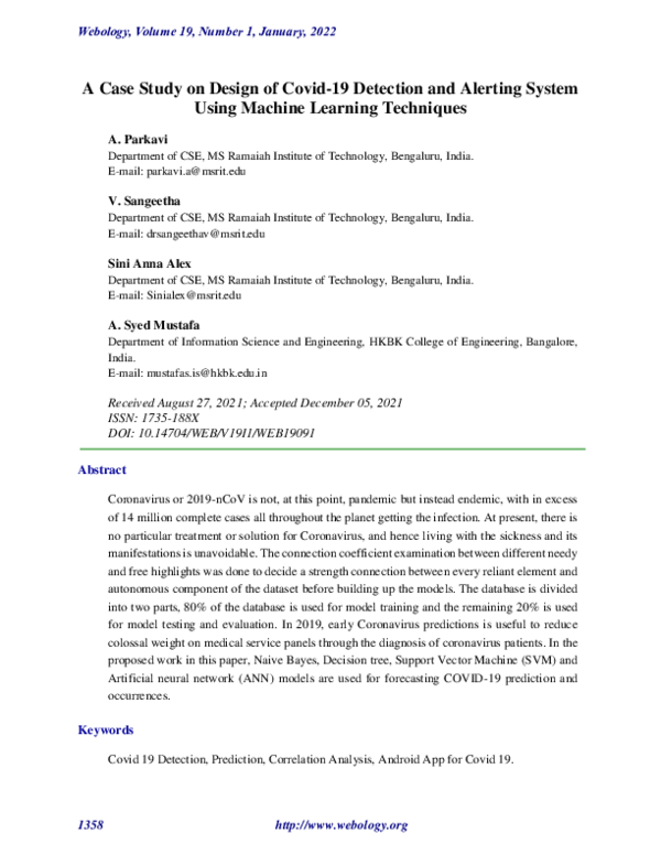 (PDF) A Case Study on Design of Covid-19 Detection and Alerting System Using Machine Learning ...