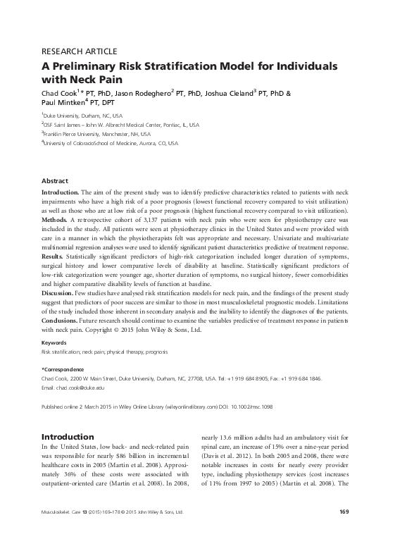 (PDF) A Preliminary Risk Stratification Model for Individuals with Neck ...