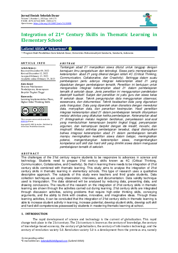 (PDF) Integration of 21st Century Skills in Thematic Learning in Elementary School