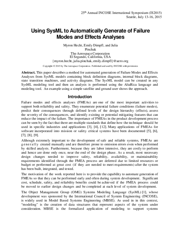 (PDF) Using SysML to Automatically Generate of Failure Modes and Effects Analyses