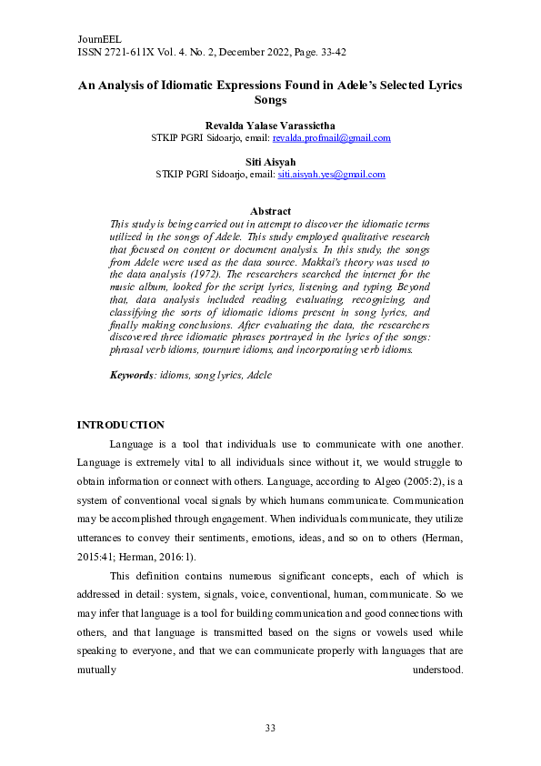 (DOC) An Analysis of Idiomatic Expressions Found in Adele’s Selected Lyrics Songs