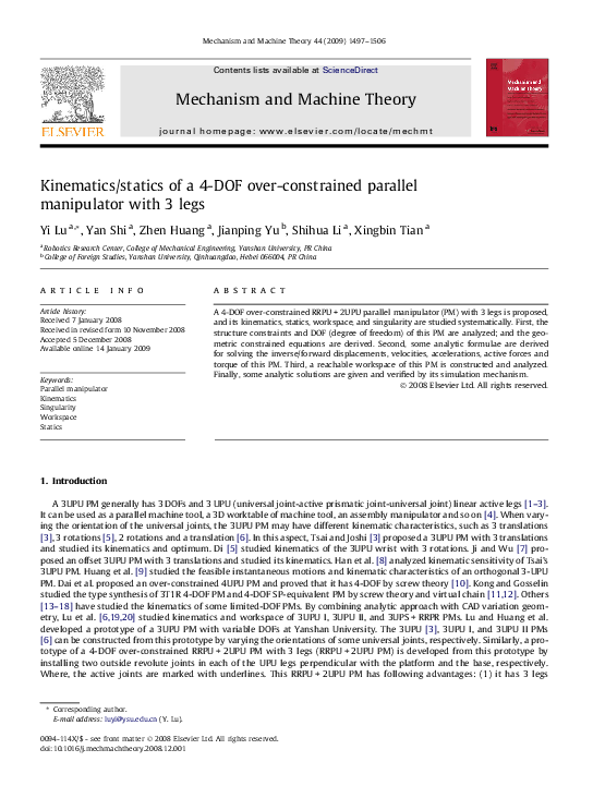 (PDF) Kinematics/statics of a 4-DOF over-constrained parallel manipulator with 3 legs | Jianping ...