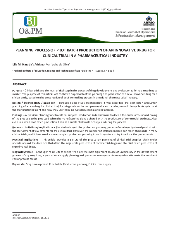 (PDF) Planning Process of Pilot Batch Production of an Innovative Drug ...