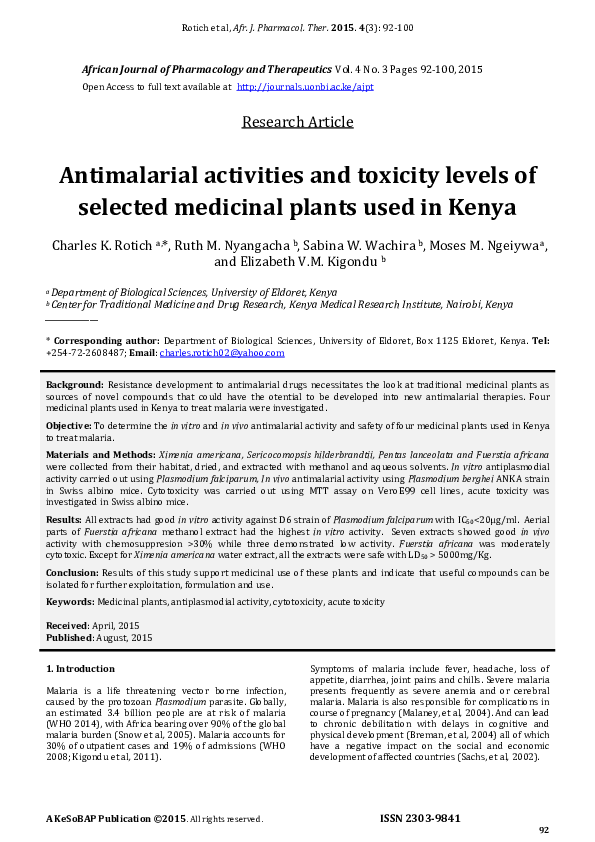 (PDF) Antimalarial activities and toxicity levels of selected medicinal ...