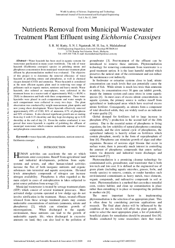 (PDF) Nutrients Removal From Municipal Wastewater Treatment Plant Effluent Using Eichhornia ...