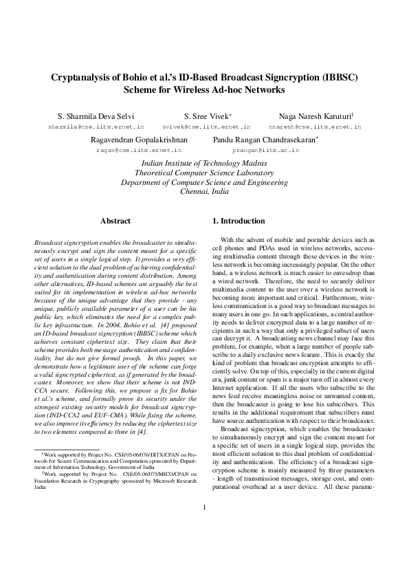 (PDF) Cryptanalysis of Bohio et al.'s ID-Based Broadcast Signcryption (IBBSC) Scheme for ...