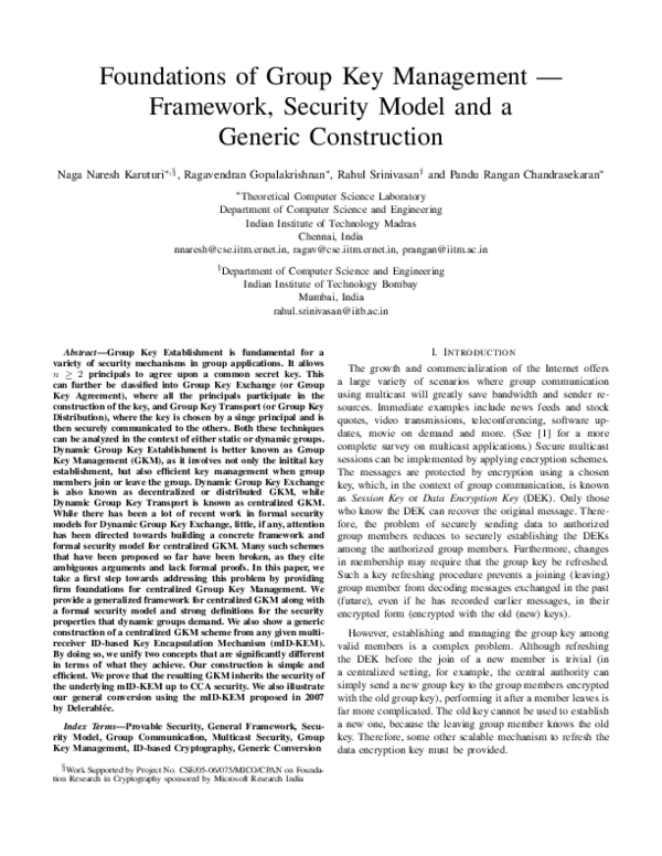 (PDF) Foundations of Group Key Management Framework, Security Model and a Generic Construction