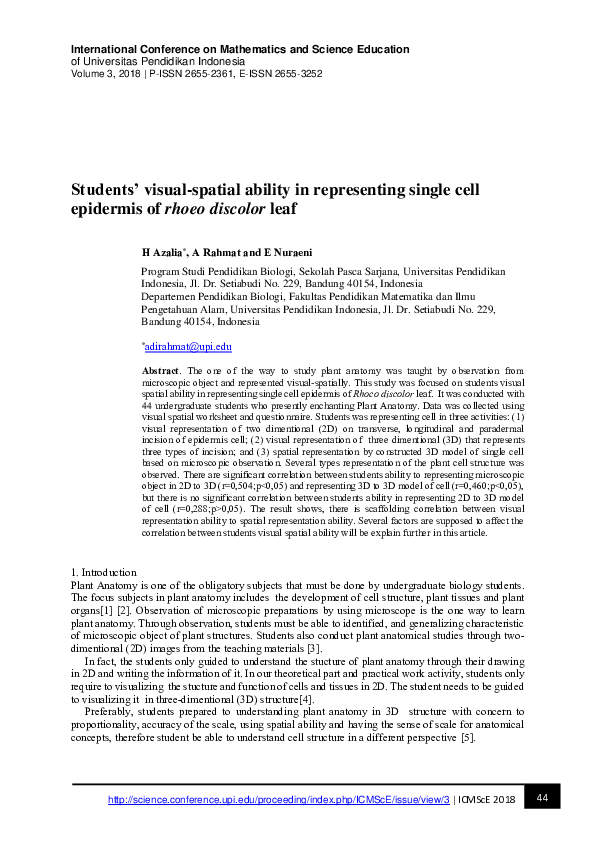 Students’ visual-spatial ability in representing single cell epidermis ...