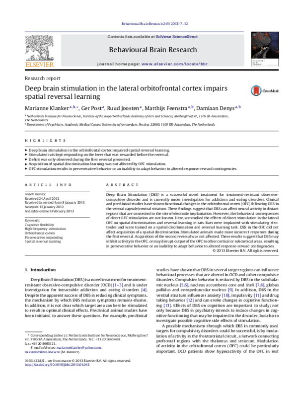 (PDF) Deep brain stimulation in the lateral orbitofrontal cortex impairs spatial reversal learning