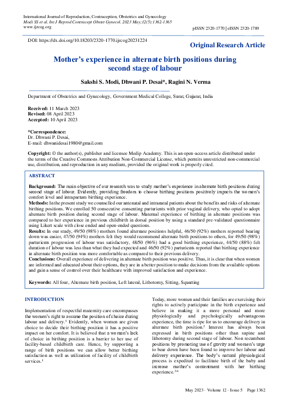 (PDF) Mother’s experience in alternate birth positions during second ...