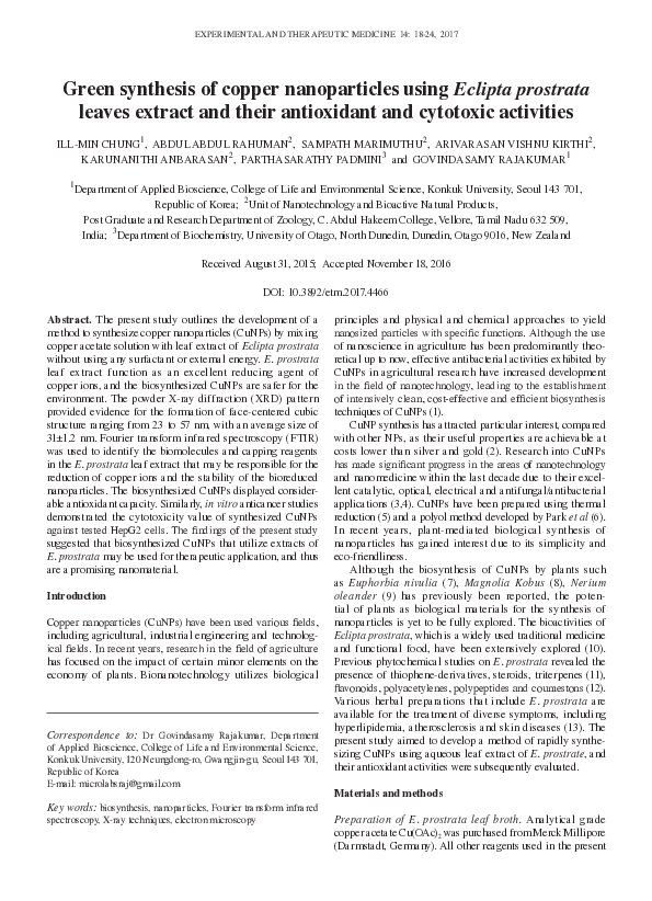 (PDF) Green Synthesis of Copper Nanoparticles Using Leaf Extract of Ocimum sanctum and its ...