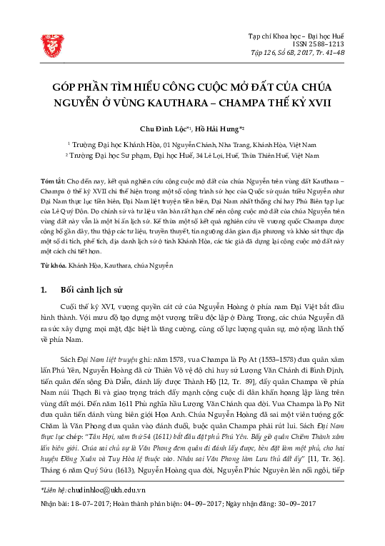 (PDF) Công Cuộc Mở Đất Của Chúa Nguyễn Ở Vùng Kauthara - Champa Thế Kỷ XVII