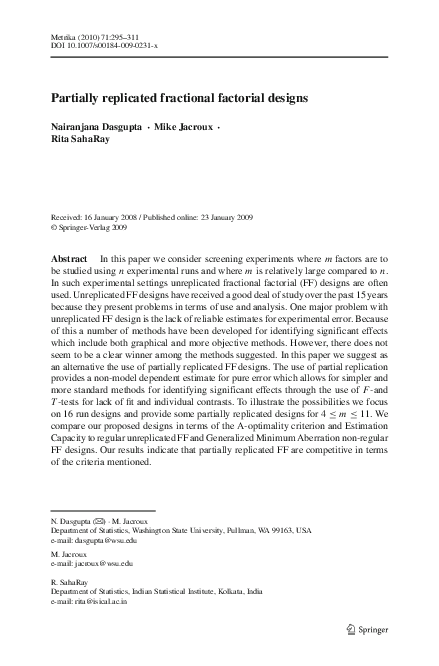 Pdf Partially Replicated Fractional Factorial Designs Nairanjana Dasgupta