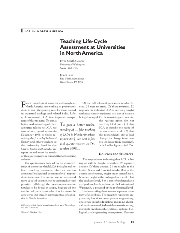 (PDF) Teaching Life-Cycle Assessment at Universities in North America ...