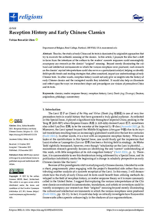 (PDF) Reception History and Early Chinese Classics