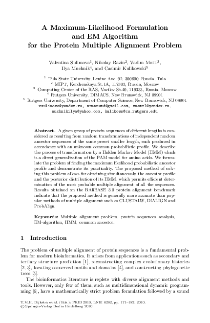 (PDF) A Maximum-Likelihood Formulation and EM Algorithm for the Protein Multiple Alignment Problem