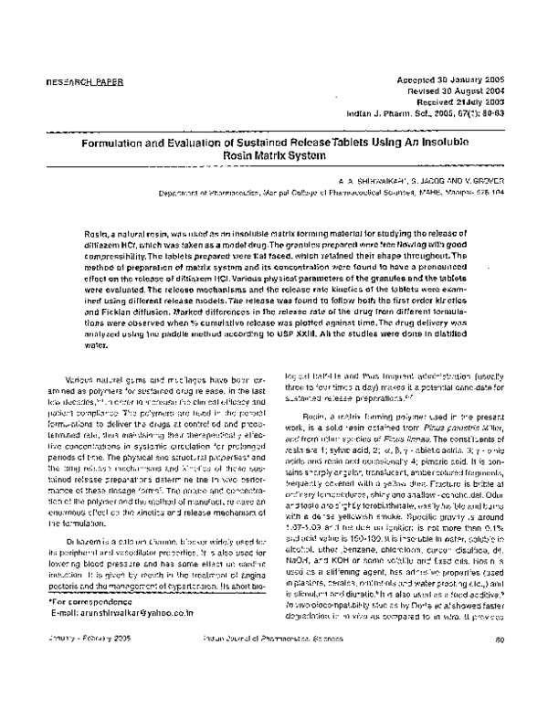 Pdf Formulation And Evaluation Of Sustained Release Tablets Using An Insoluble Rosin Matrix System