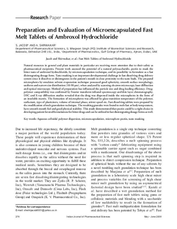 (PDF) Preparation and evaluation of microencapsulated fast melt tablets ...