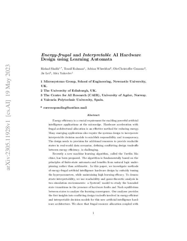 (PDF) Energy-frugal and Interpretable AI Hardware Design using Learning Automata