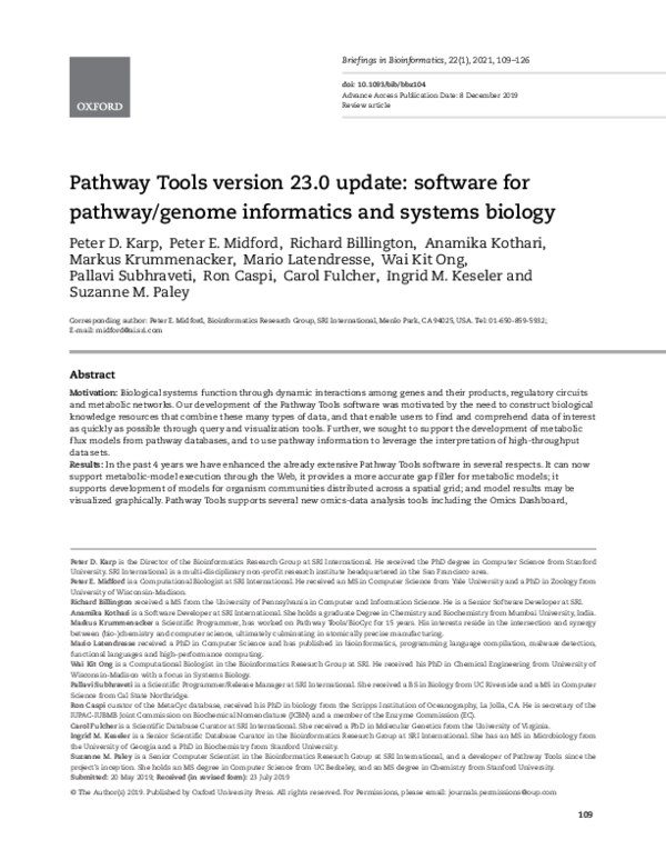 (PDF) Pathway Tools version 23.0 update: software for pathway/genome informatics and systems biology