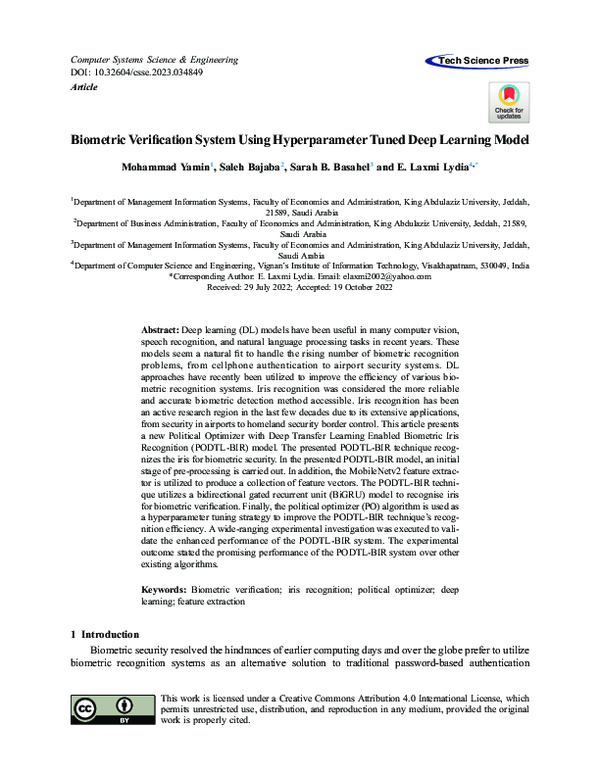Pdf Biometric Verification System Using Hyperparameter Tuned Deep Learning Model