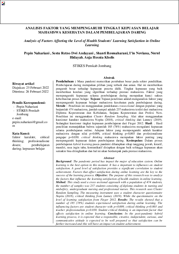 (PDF) Analisis Faktor Yang Mempengaruhi Tingkat Kepuasan Belajar Mahasiswa Kesehatan Dalam ...