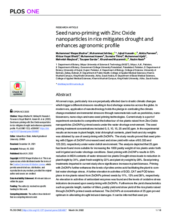 (PDF) Seed nano-priming with Zinc Oxide nanoparticles in rice mitigates ...