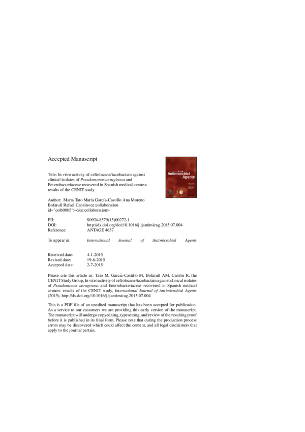 (PDF) In-vitro activity of ceftolozane/tazobactam against recent ...