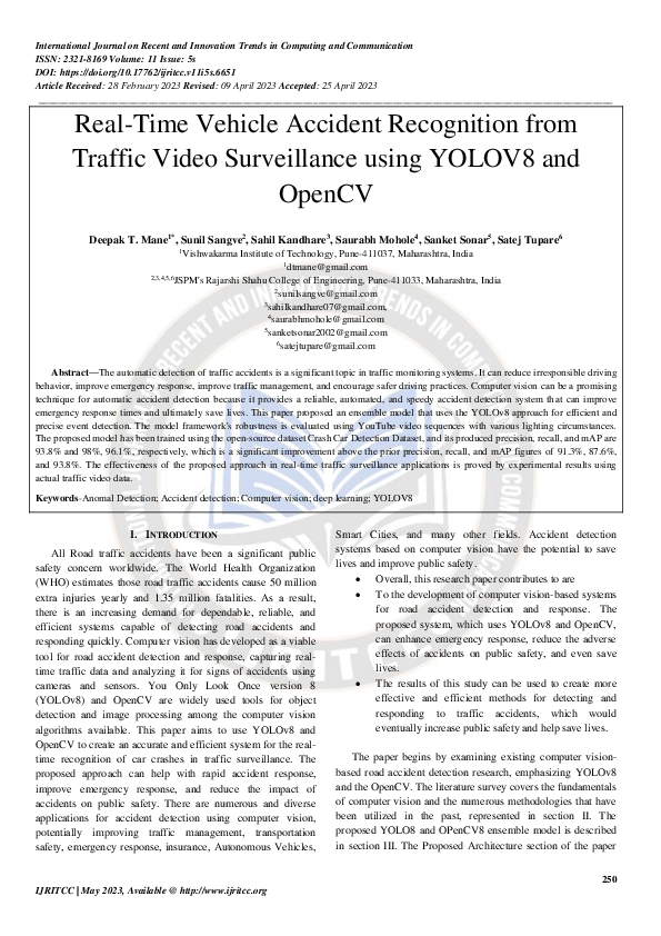 (PDF) Real-Time Vehicle Accident Recognition from Traffic Video ...