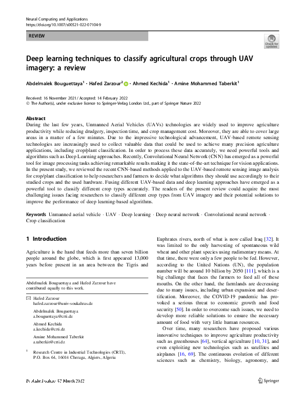 (PDF) Deep learning techniques to classify agricultural crops through UAV imagery: a review