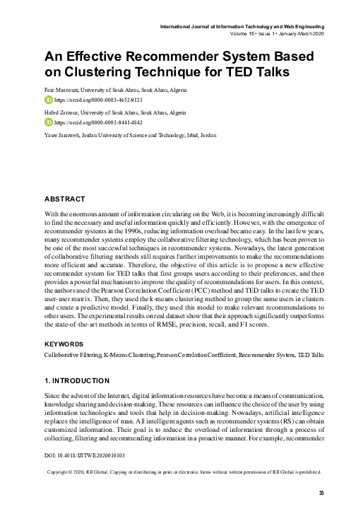 (PDF) An Effective Recommender System Based on Clustering Technique for TED Talks