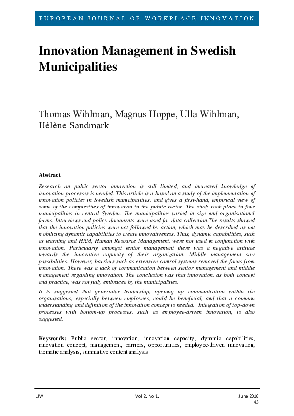 (PDF) Innovation Management in Swedish Municipalities