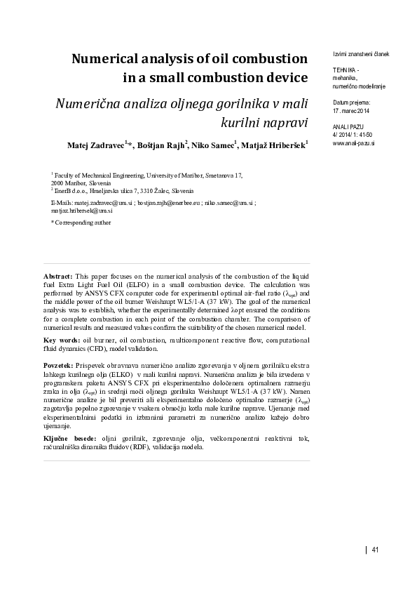 (PDF) Numerical analysis of oil combustion in a small combustion device