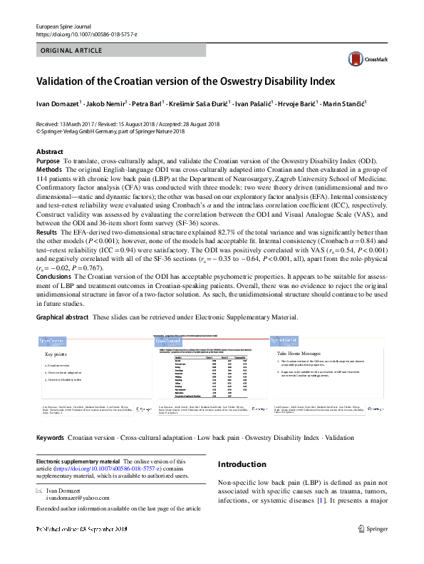 (PDF) Validation of the Croatian version of the Oswestry Disability Index