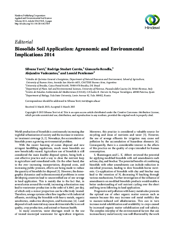 (PDF) Biosolids Soil Application: Agronomic and Environmental ...