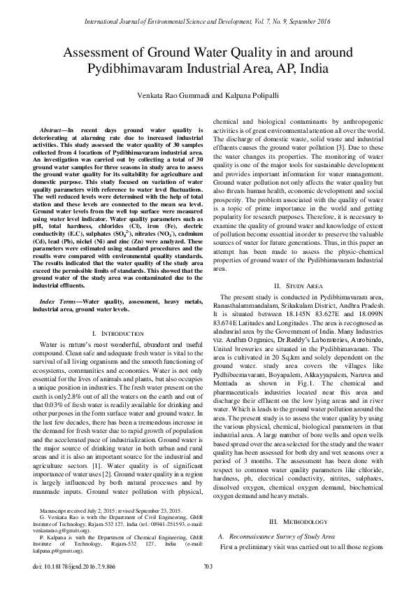 (PDF) Assessment of Ground Water Quality in and around Pydibhimavaram ...