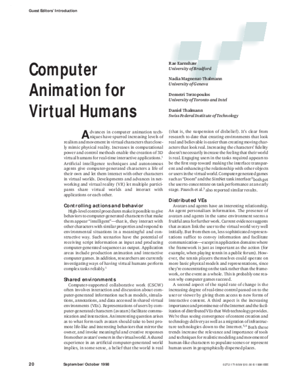 (PDF) Computer Animation for Virtual Humans