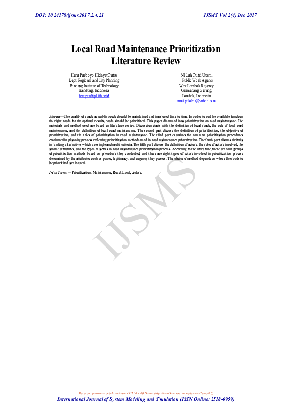 (PDF) Local Road Maintenance Prioritization Literature Review