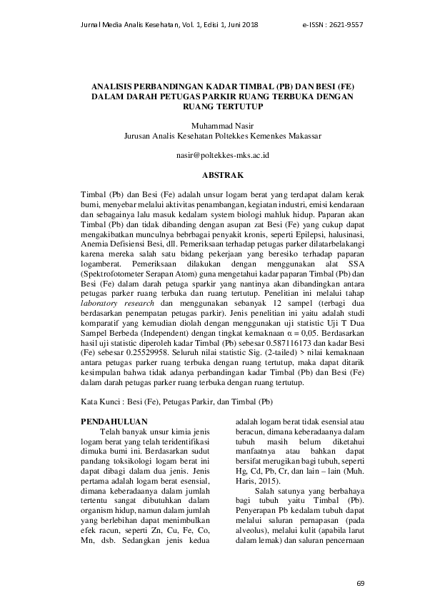 (PDF) Analisis Perbandingan Kadar Timbal (PB) Dan Besi (Fe) Dalam Darah ...