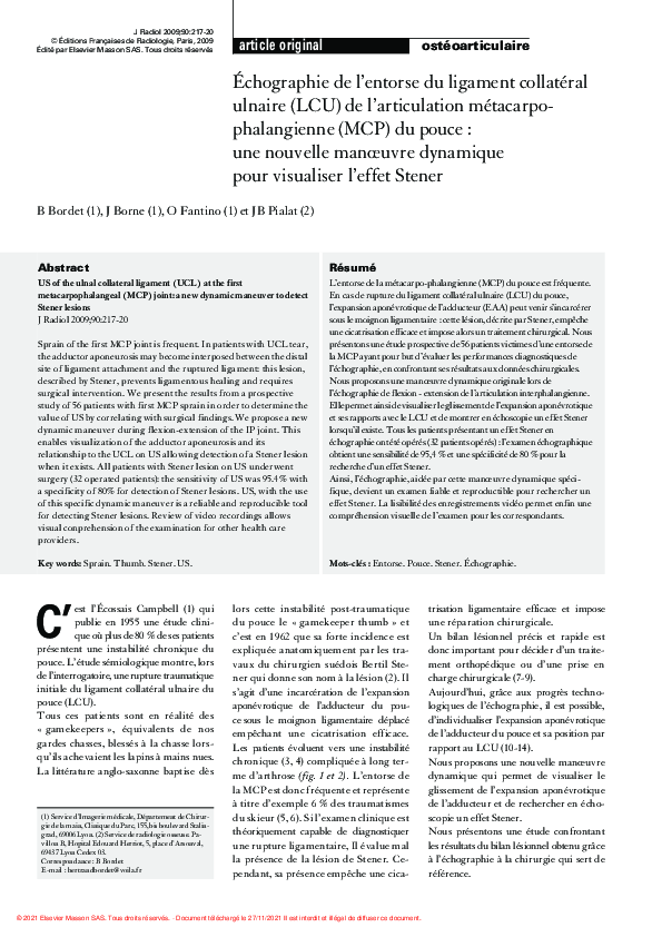 (PDF) Échographie de l’entorse du ligament collatéral ulnaire (LCU) de ...