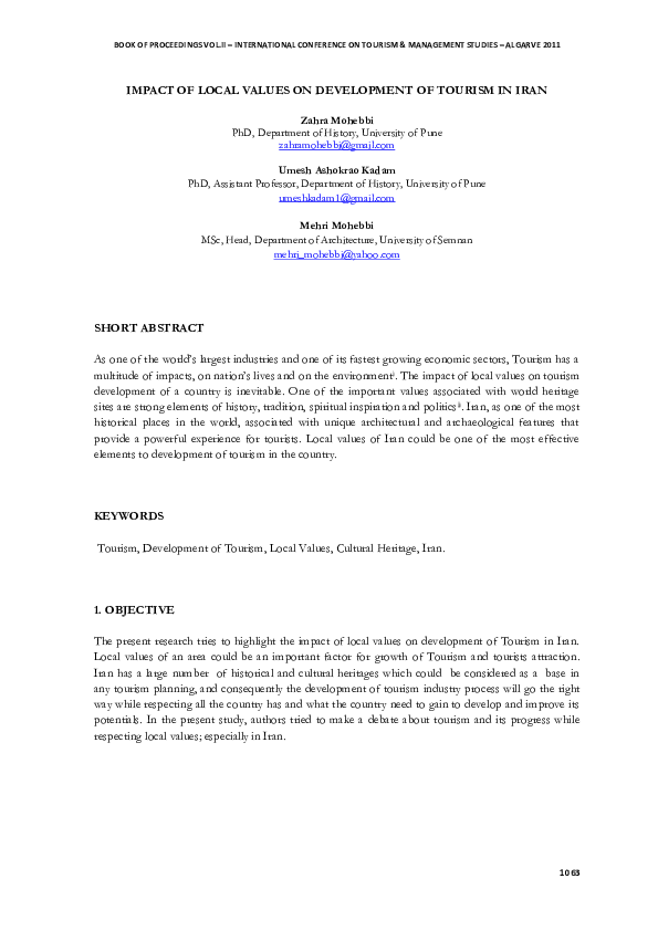 (PDF) Impact of Local Values on Development of Tourism in Iran | Umesh ...