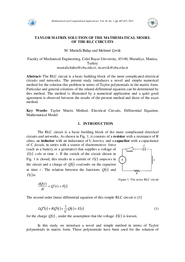 (PDF) Taylor Matrix Solution of the Mathematical Model of the RLC Circuits