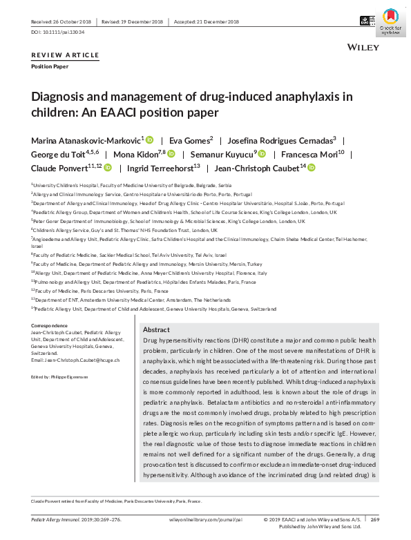 (PDF) Diagnosis and management of drug‐induced anaphylaxis in children: An EAACI position paper