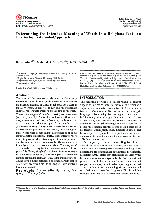 (PDF) Determining the Intended Meaning of Words in a Religious Text: An ...