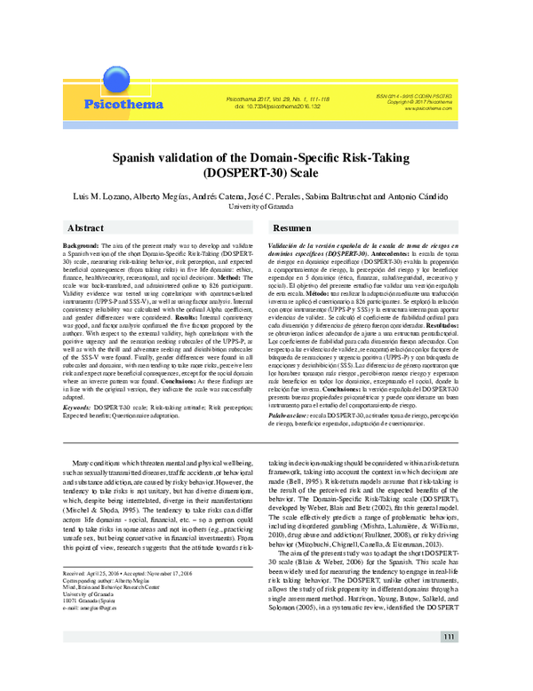 (PDF) Spanish validation of the Domain-Specific Risk-Taking (DOSPERT-30 ...