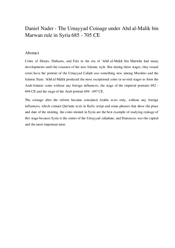 (PDF) Daniel Nader -The Umayyad Coinage under Abd al-Malik bin Marwan ...