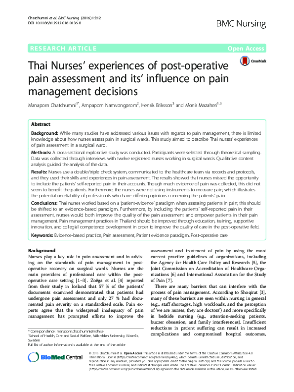 (PDF) Thai Nurses’ experiences of post-operative pain assessment and ...