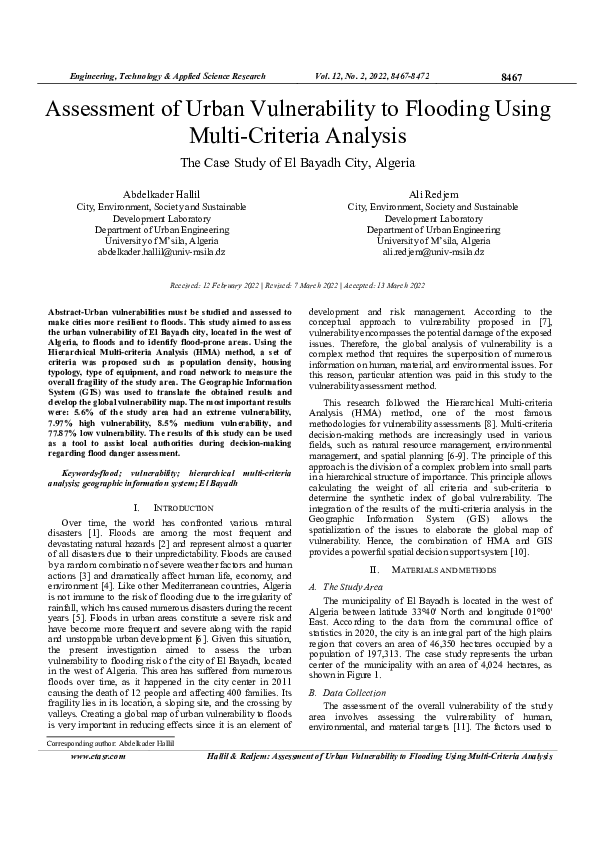 (PDF) Assessment of Urban Vulnerability to Flooding Using Multi-Criteria Analysis | Ali REDJEM ...