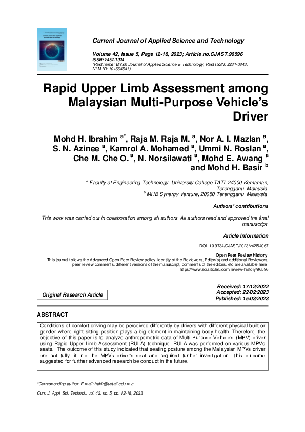 (PDF) Rapid Upper Limb Assessment among Malaysian Multi-Purpose Vehicle ...