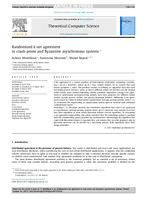 Pdf Randomized K Set Agreement In Crash Prone And Byzantine Asynchronous Systems Achour